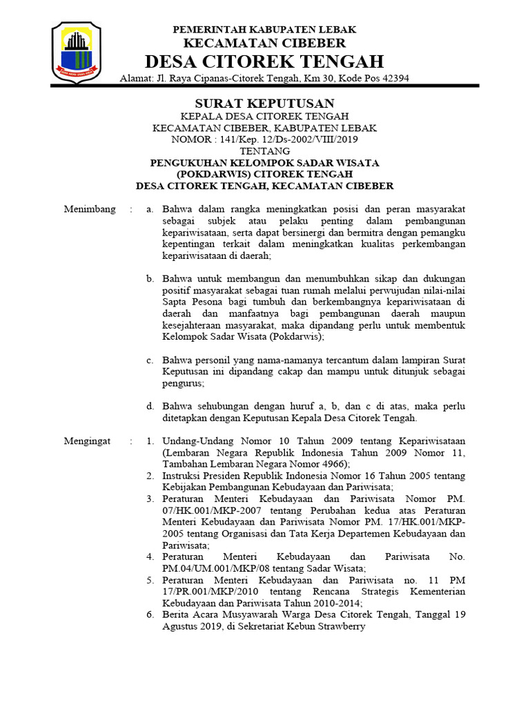 Surat Keputusan Pokdarwis Sudimanik | PDF