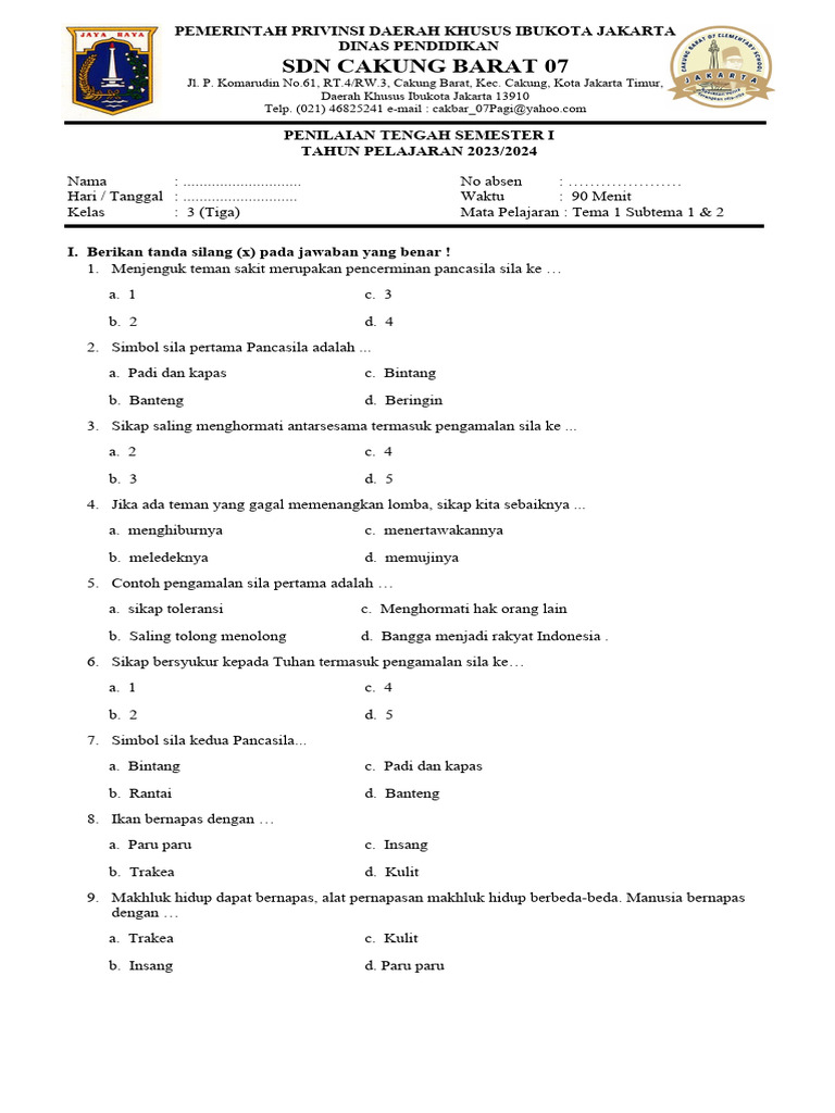Soal PTS Kelas 3 Tema 1 Sub 1&2 | PDF
