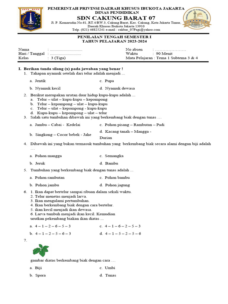 Soal PTS Kelas 3 Tema 1 Sub 3&4 | PDF