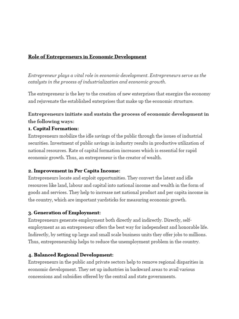 Role of Entrepreneurs in Economic Development | PDF