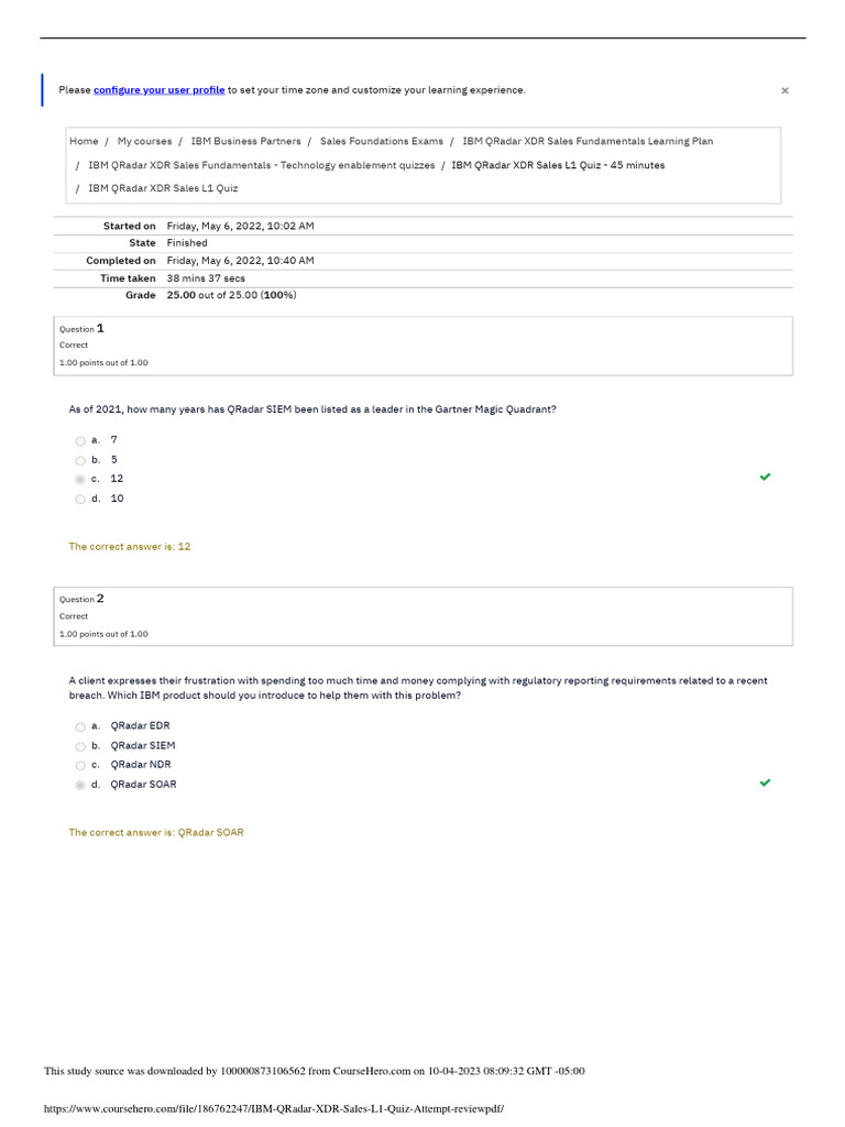 IBM QRadar XDR Sales L1 Quiz Attempt Review PDF | PDF IBM QRadar XDR Sales L1 Quiz Attempt Review PDF | PDF