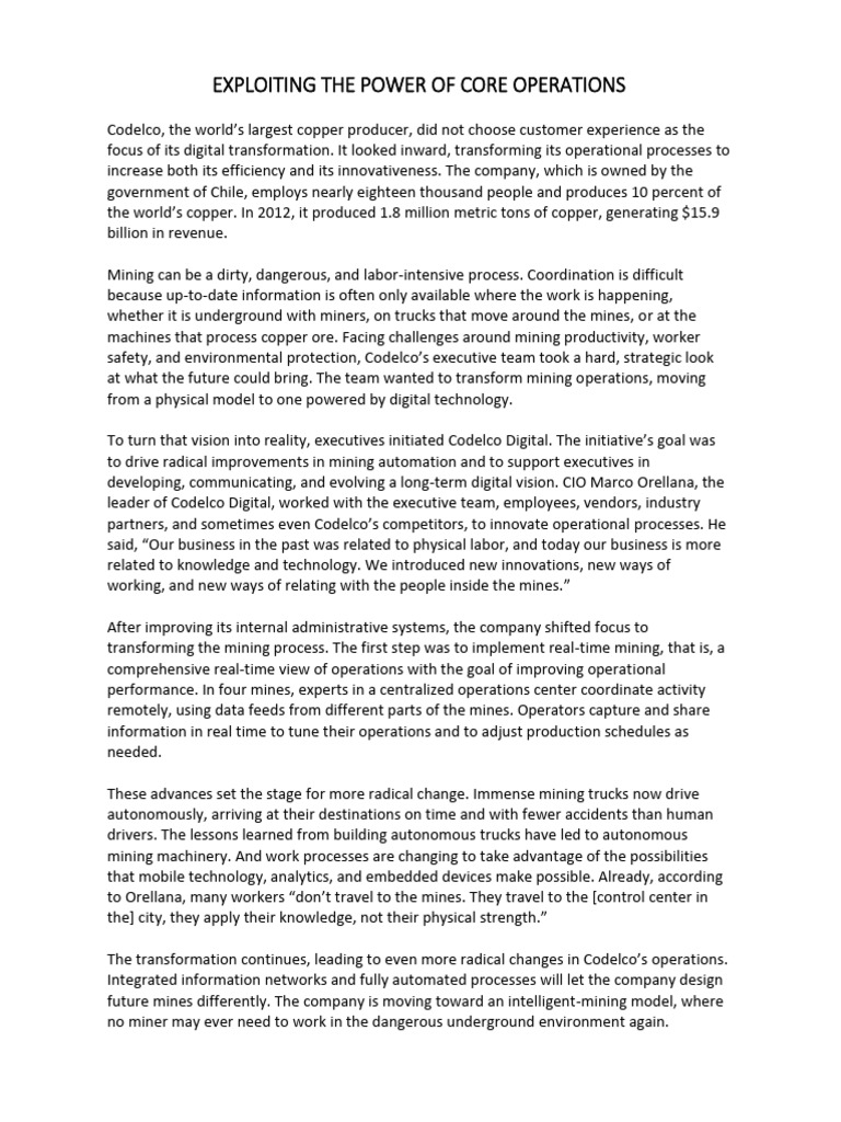 Case2 Exploiting The Power Of Core Operations Codelco Pdf 