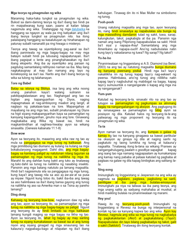 Mga Teorya NG Pinagmulan NG Wika | PDF