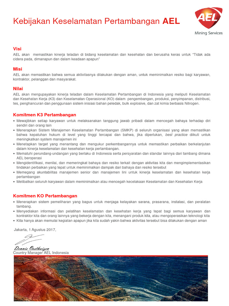 Mining Safety Policy - PT AEL Indonesia (B) | PDF
