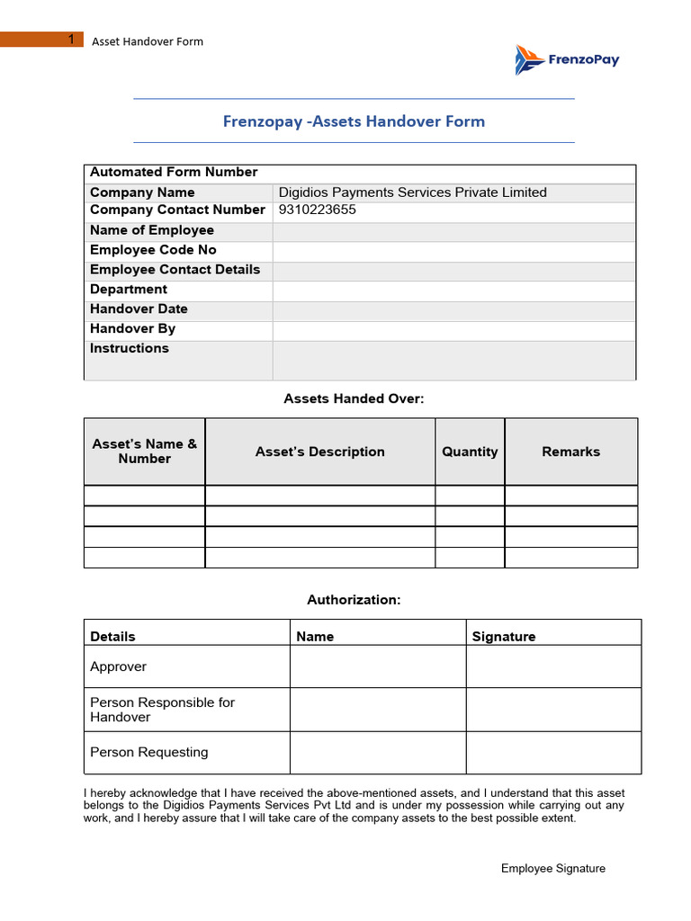 Frenzopay Assets Handover Form | PDF