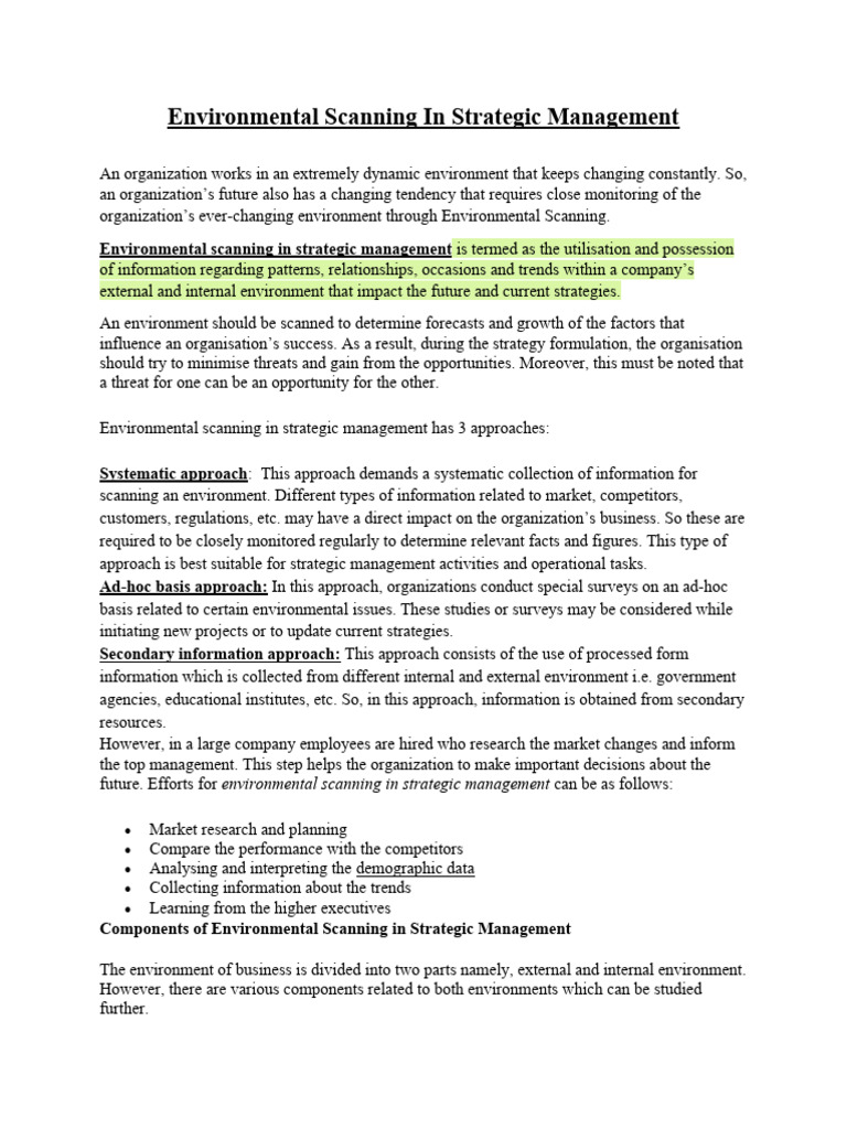 Environmental Scanning in Strategic Management | PDF