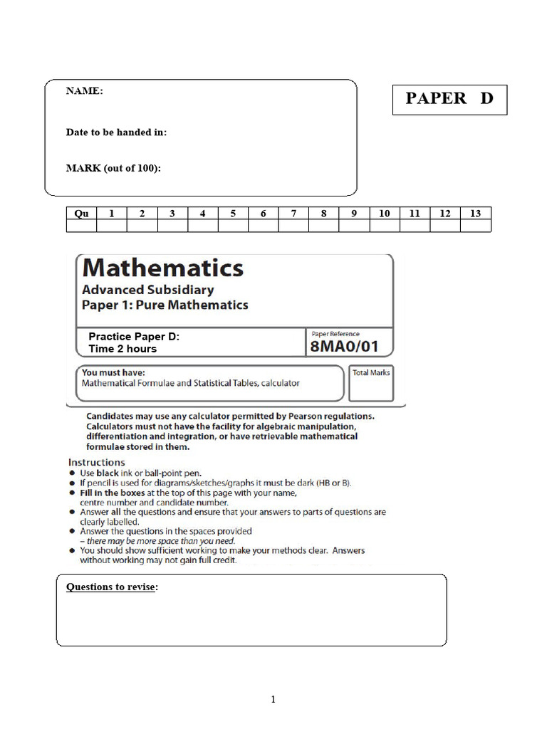 07 AS Pure Mathematics Practice Paper D | PDF | Equations | Cartesian ...