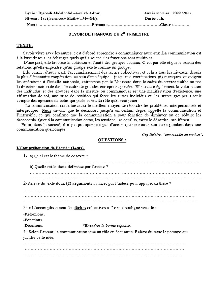 Dzexams 2as Francais 350707 | PDF