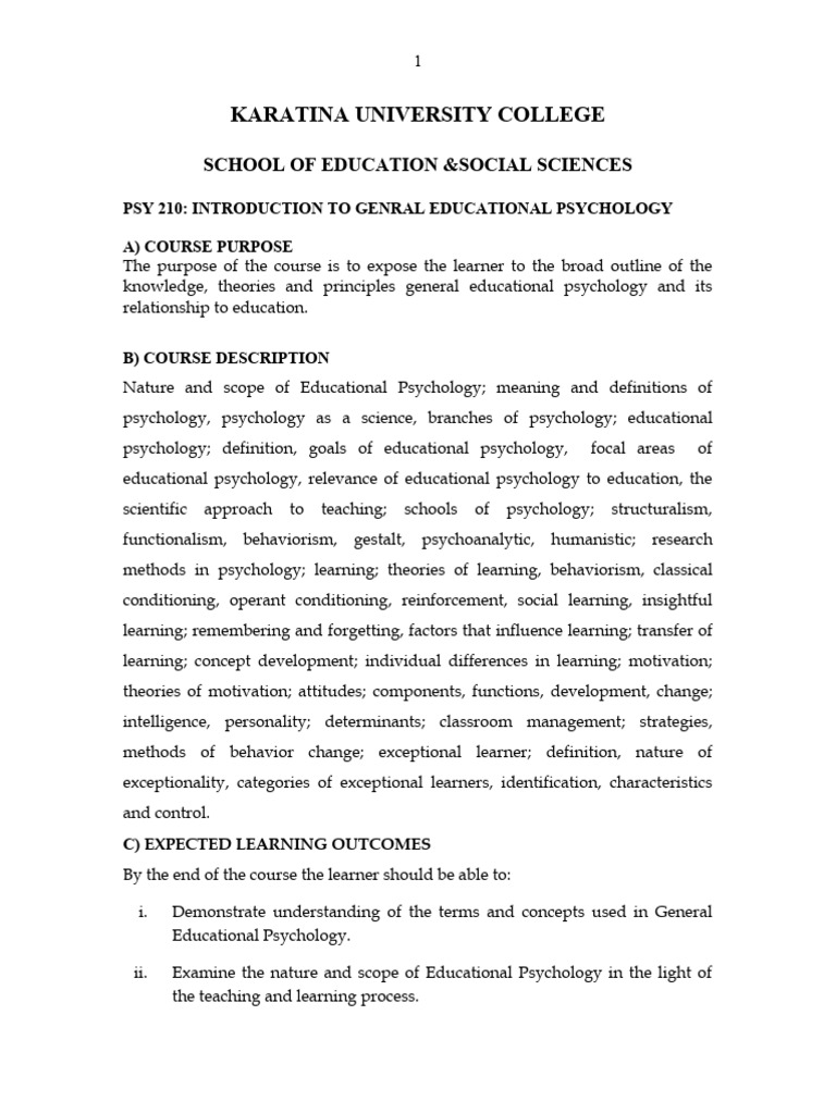 Psy 210 Introduction To General Educational Psychology-Course Outline | PDF