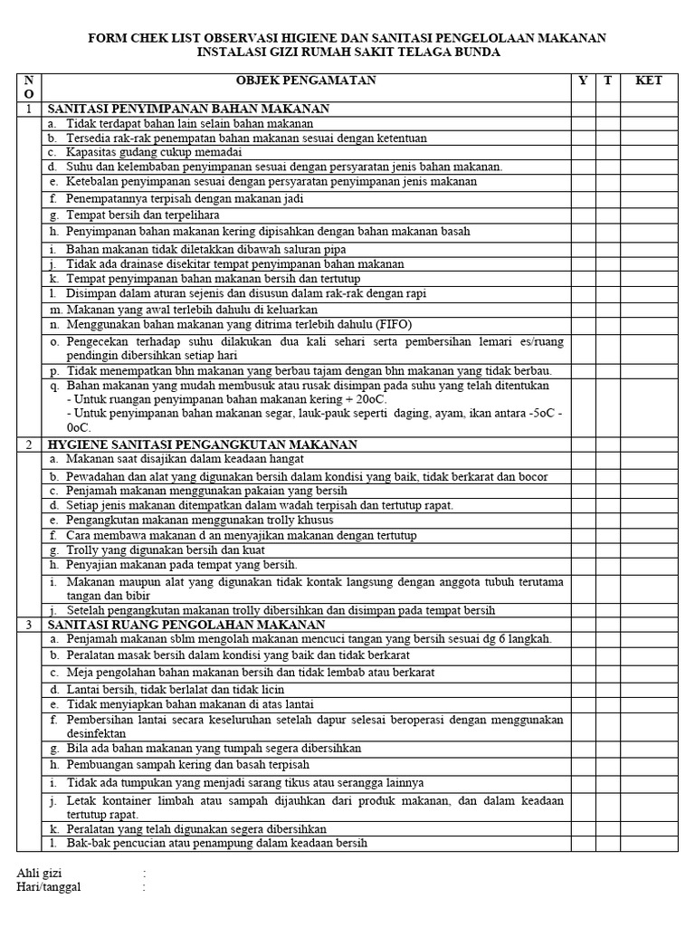 Form Chek List Observasi Higiene Dan Sanitasi Pengelolaan Makanan | PDF