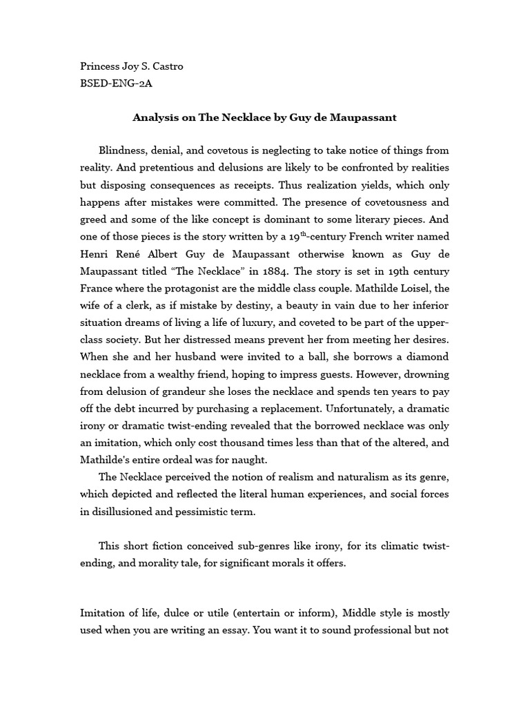Analysis on the Necklace by Guy de Maupassant _CASTRO_BSED-EnG-2A | PDF