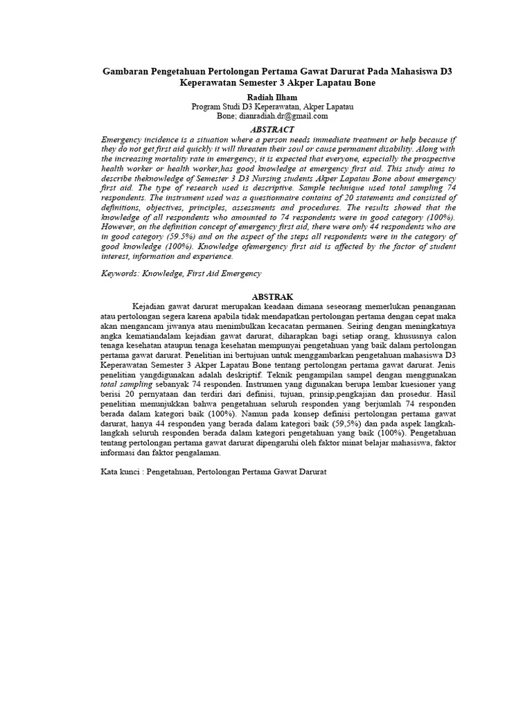 Gambaran Pengetahuan Pertolongan Pertama Gawat Darurat Pada Mahasiswa D3 Keperawatan Semester 3 ...