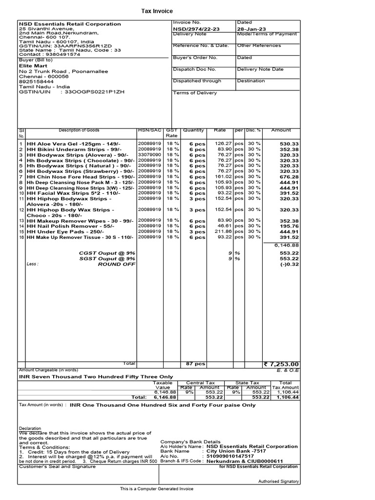 NSD Essentials Tax Invoice Summary | PDF