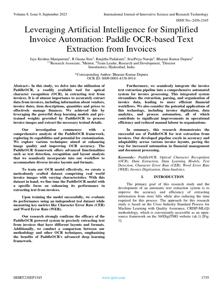 Leveraging Artificial Intelligence For Simplified Invoice Automation: Paddle OCR-based Text ...