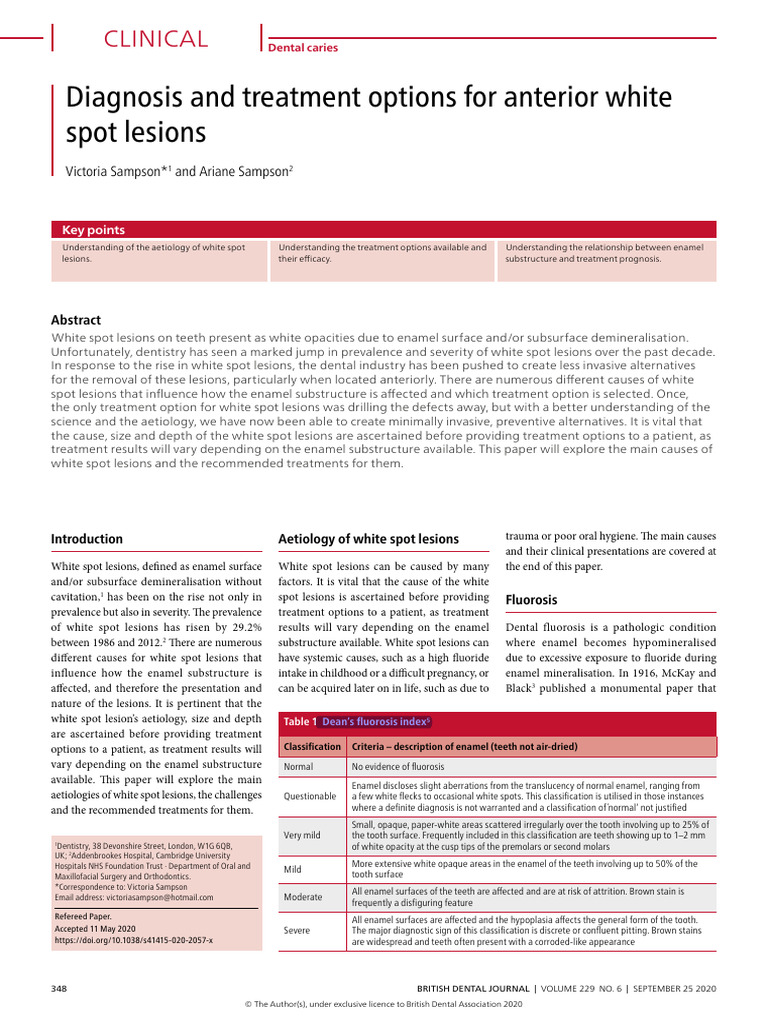 I-Diagnosis and Treatment Options For Anterior White Spot Lesions | PDF