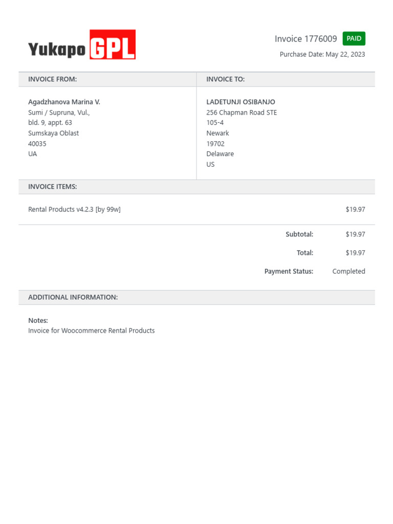 Yukapo Invoice #1776009 | PDF