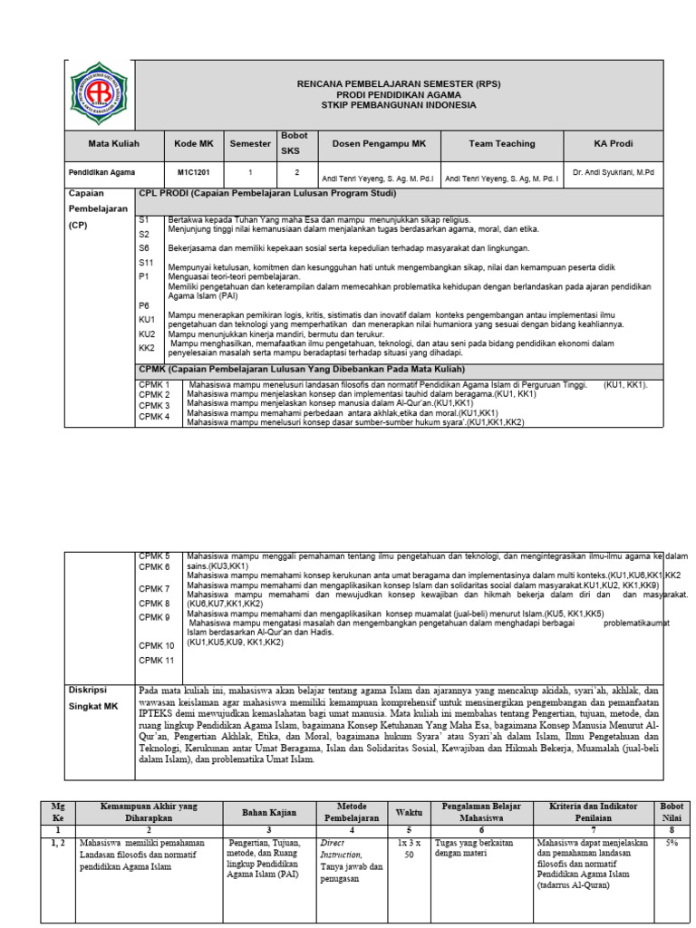 RPS Pendidikan Agama | PDF