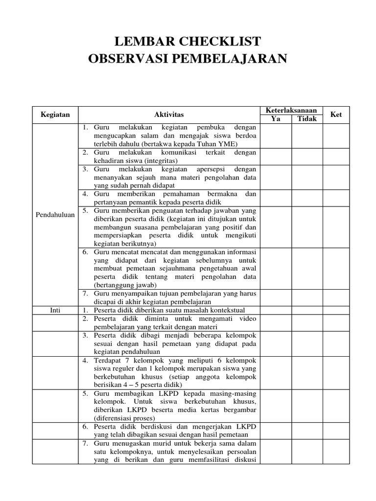 Lembar Checklist Observasi Pembelajaran | PDF