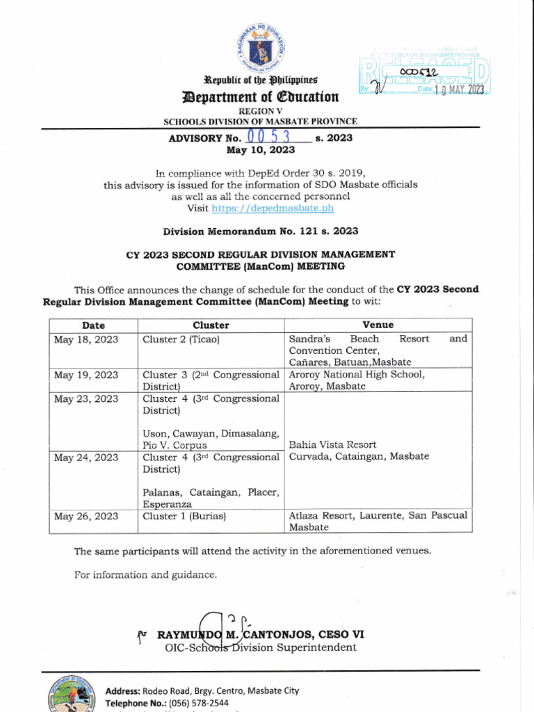 Advisory No.0053, s.2023 Cy 2023 Second Regular Division Management Committee (Mancom) Meeting | PDF