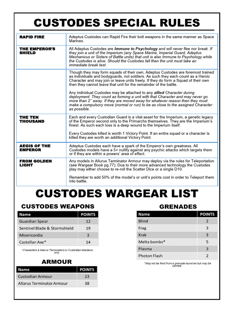 Custodes Army List Simple | PDF