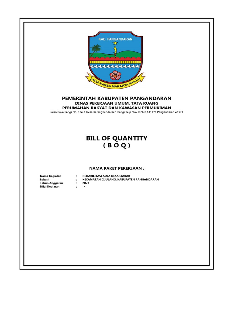 BOQ Rehabilitasi Aula Desa Ciakar | PDF