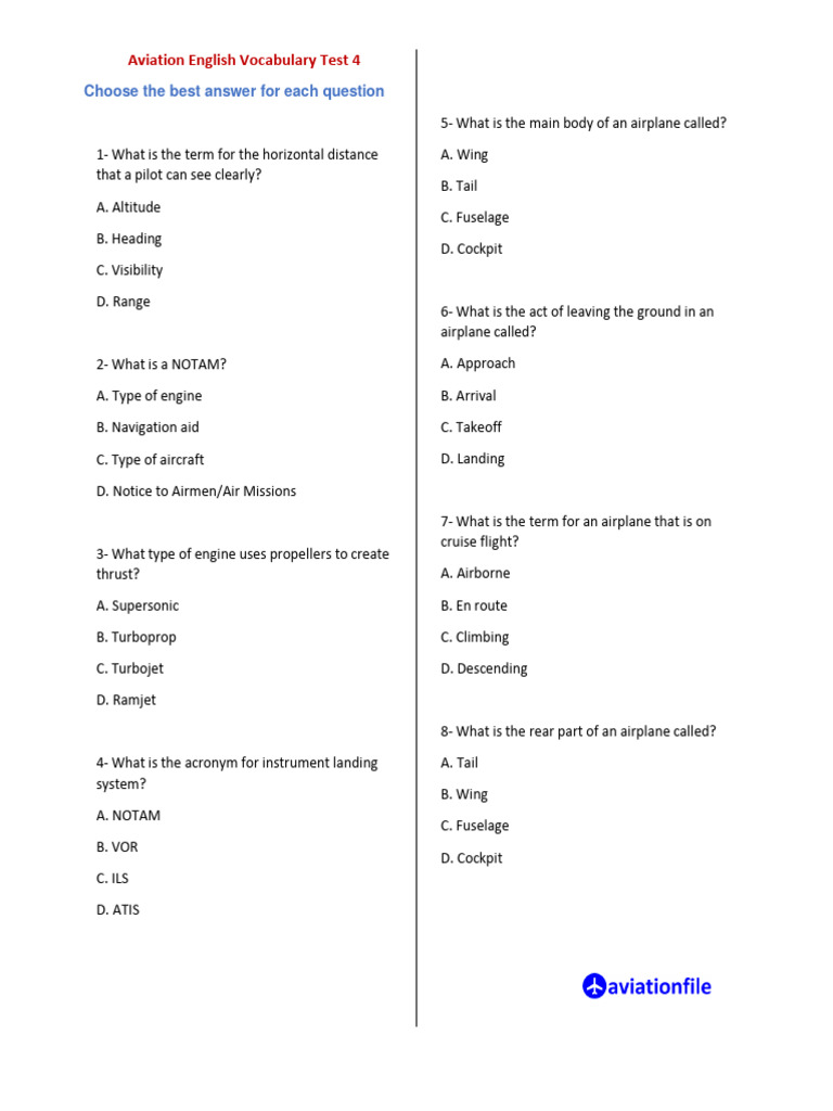 Aviation Vocabulary 4 20 Multiple Choice Questions | PDF | Aircraft ...