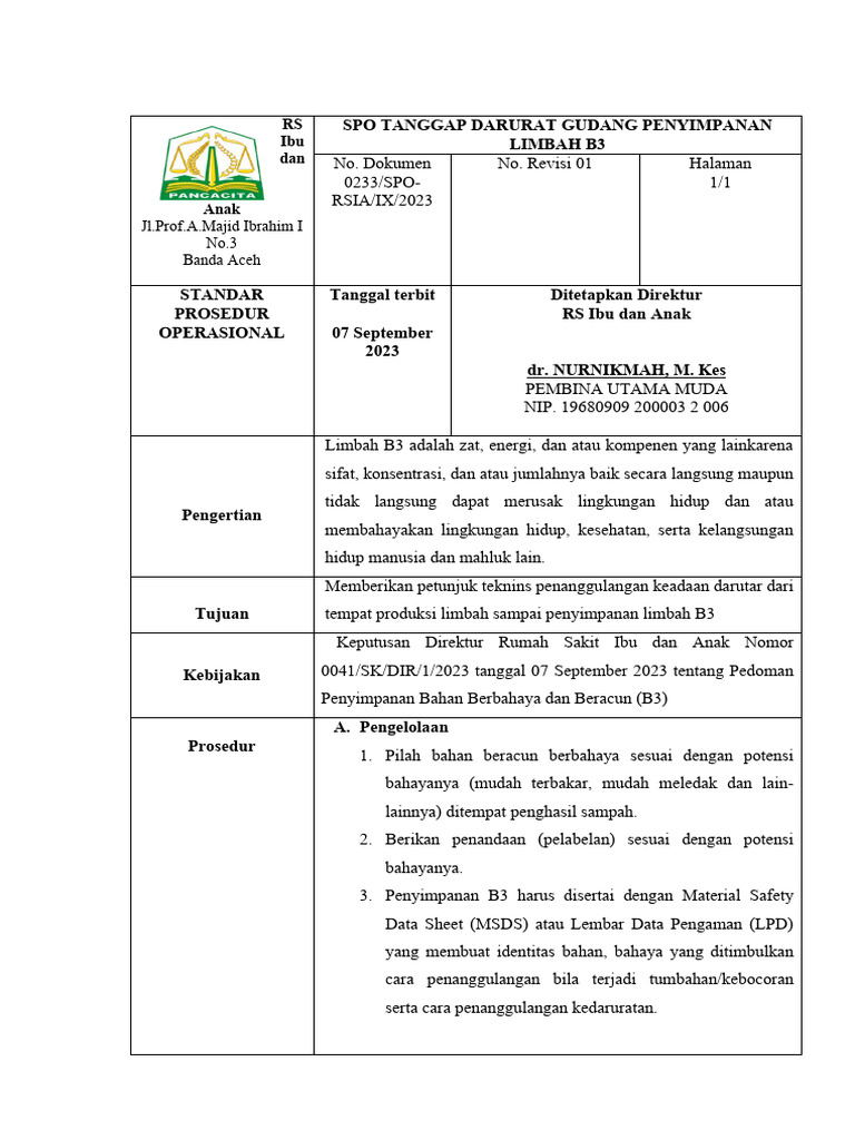 SPO TANGGAP DARURAT GUDANG PENYIMPANAN 2023 MSDS | PDF