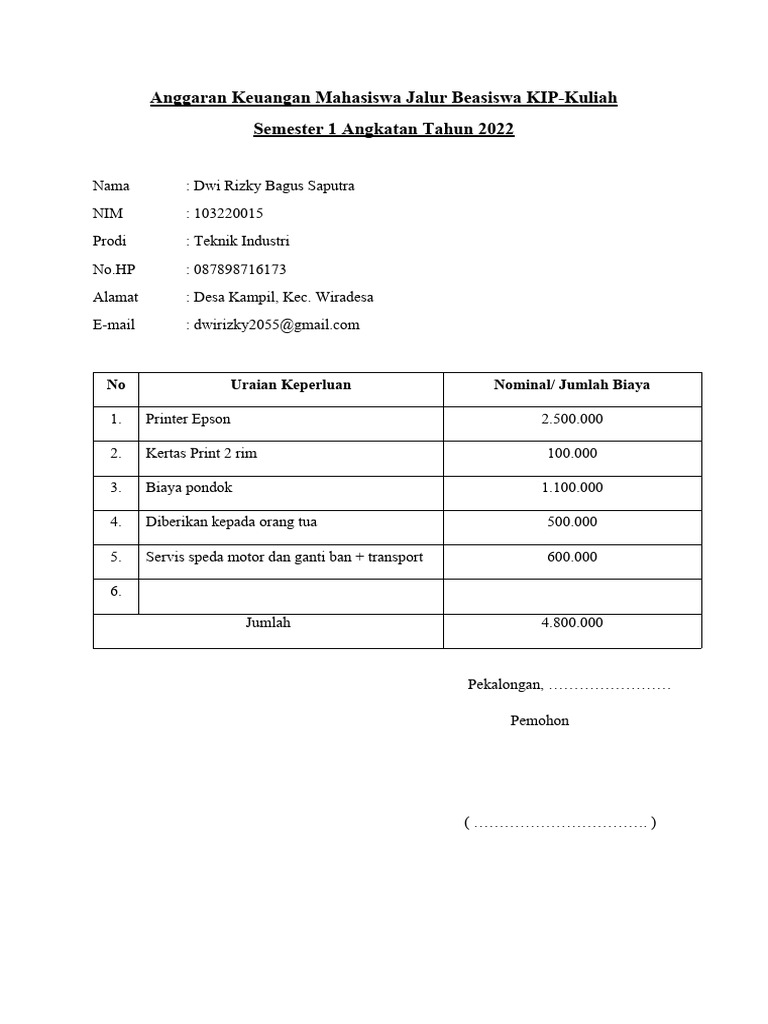 Template Pengajuan Anggaran Kip-K | PDF