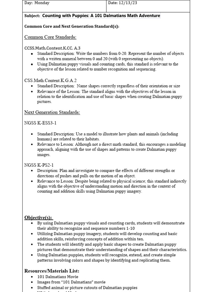 Student Teaching Lesson Plan "101" Dalmations | PDF