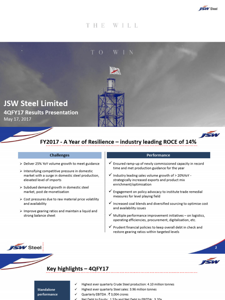 JSW Steel - 4QFY17 Results Presentation | PDF | Income Statement | Net ...