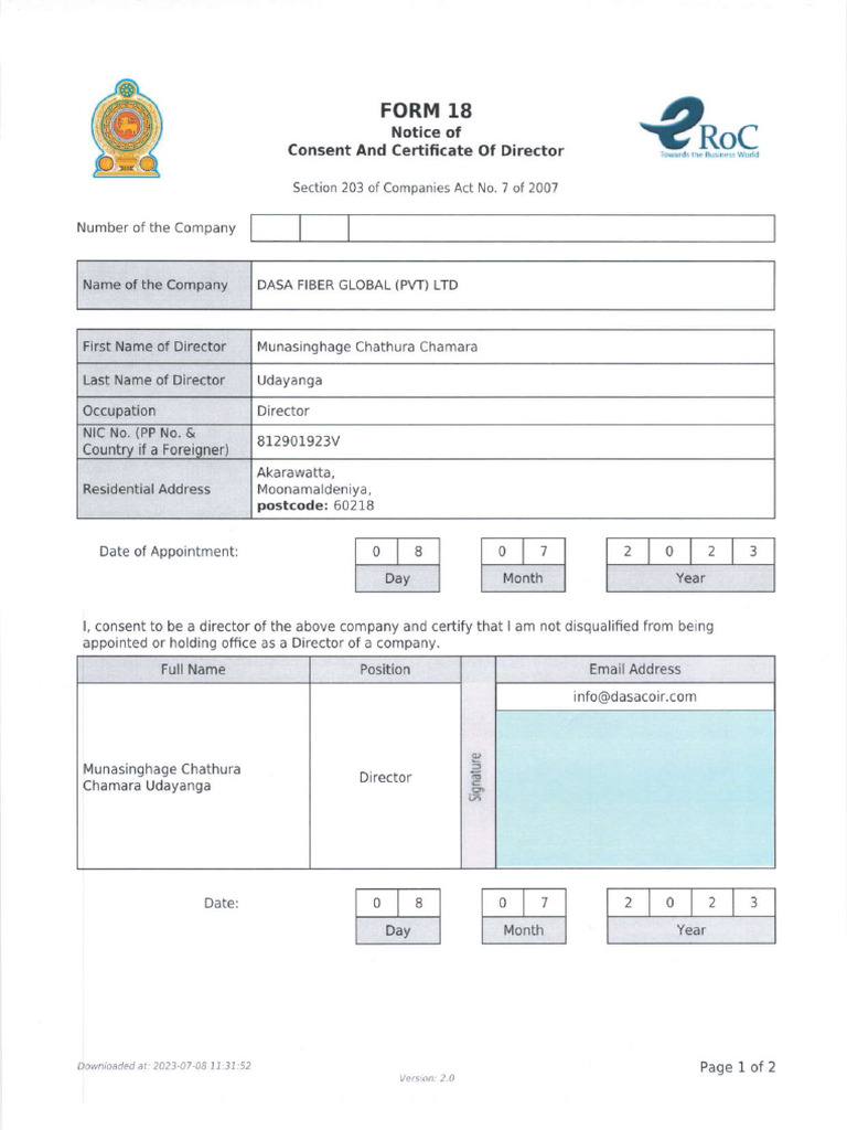 Form 18 Consent and Certificate of Director | PDF