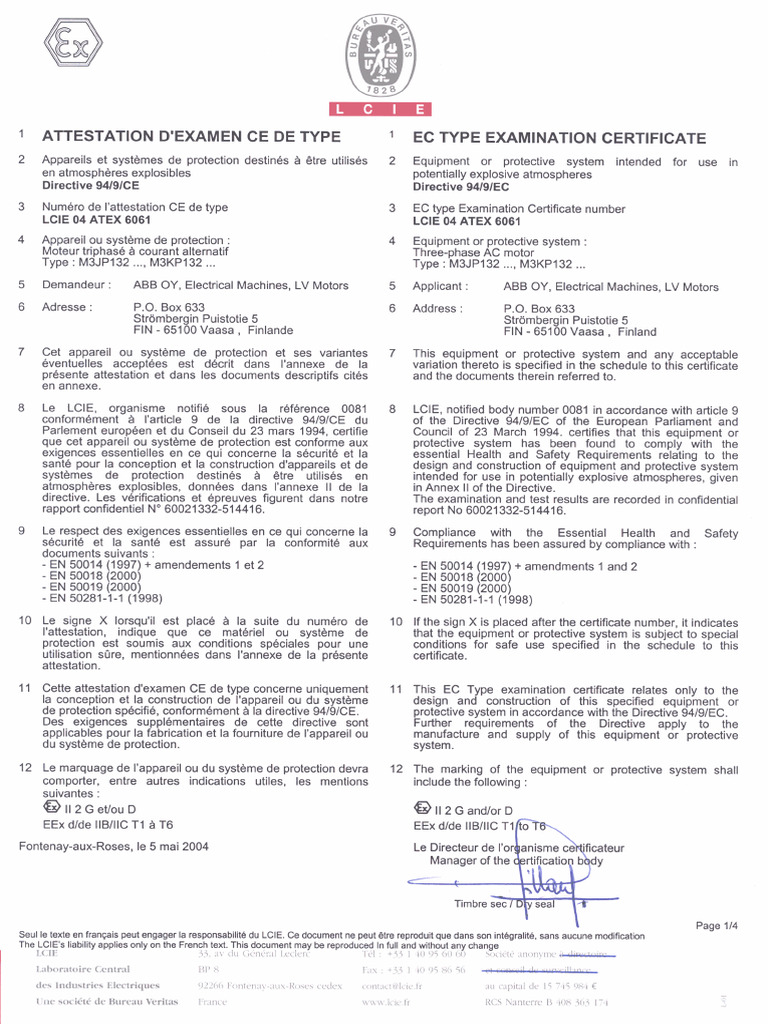 ABB ATEX Cert. M3JPKP132LCIE04ATEX6061 | PDF