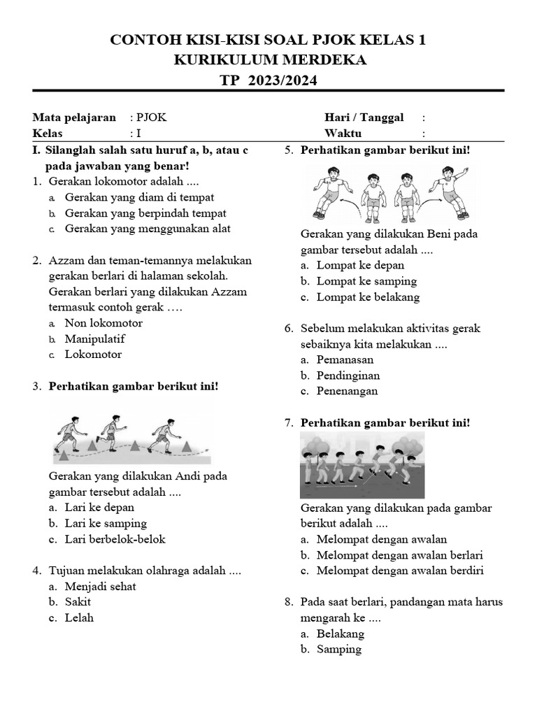 Kisi-Kisi Soal Sumatif Tengah Semester 1 - Pjok Kelas 1 | PDF