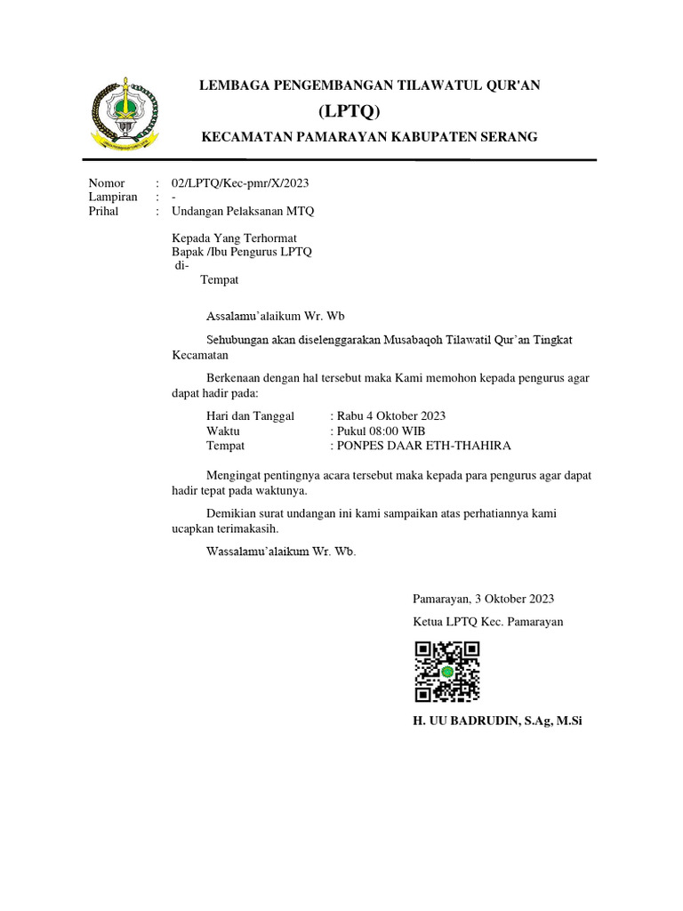 Undangan MTQ Kecamatan Pamarayan 2023 | PDF
