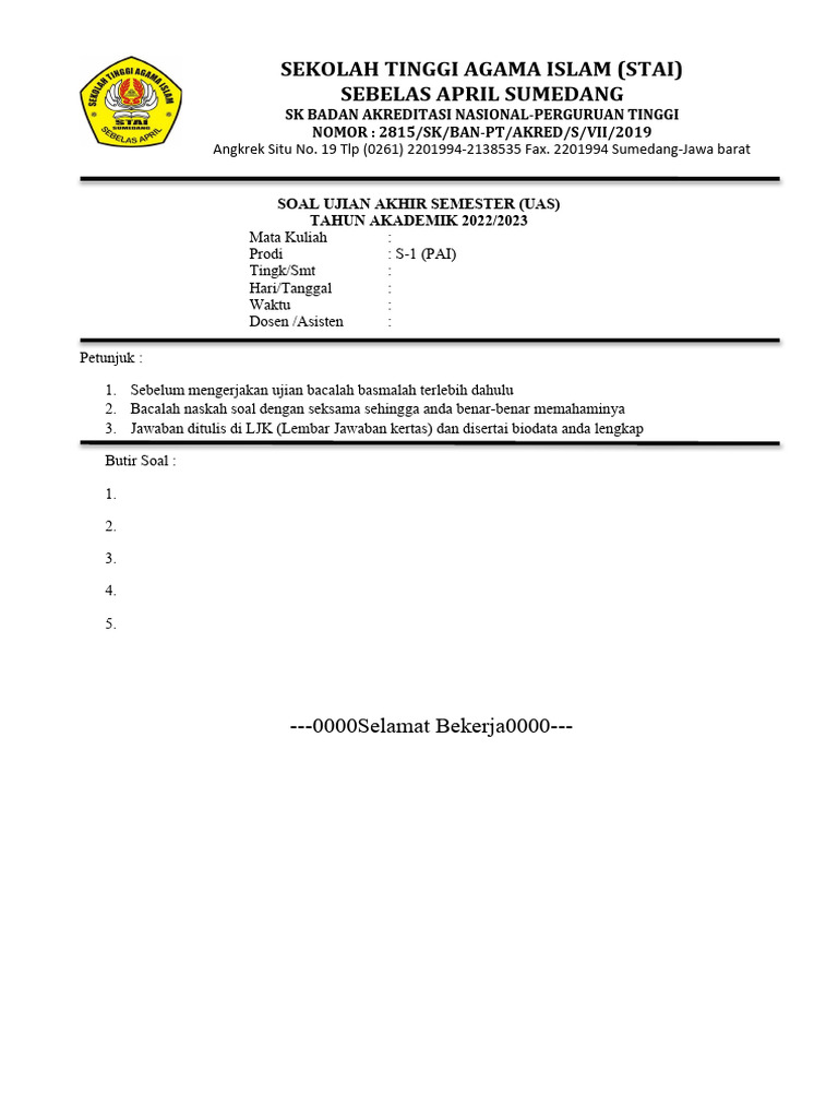 Format Soal Uas Stai | PDF