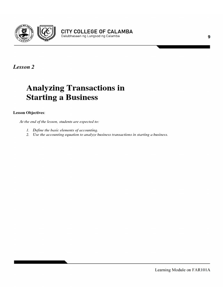 Lesson 2 Analyzing Transactions in Starting A Business | PDF Lesson 2 Analyzing Transactions in Starting A Business | PDF