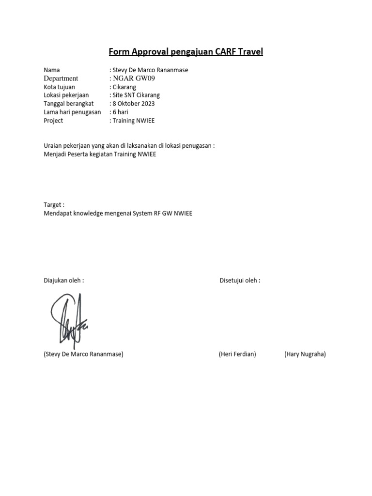 Form Approval Pengajuan CARF Travel Stevy PDF | PDF