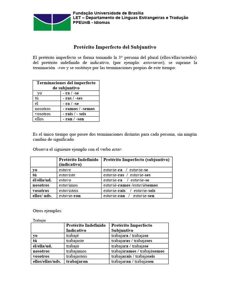 Pretérito Imperfecto Del Subjuntivo - 0 | PDF | Artes del lenguaje y ...