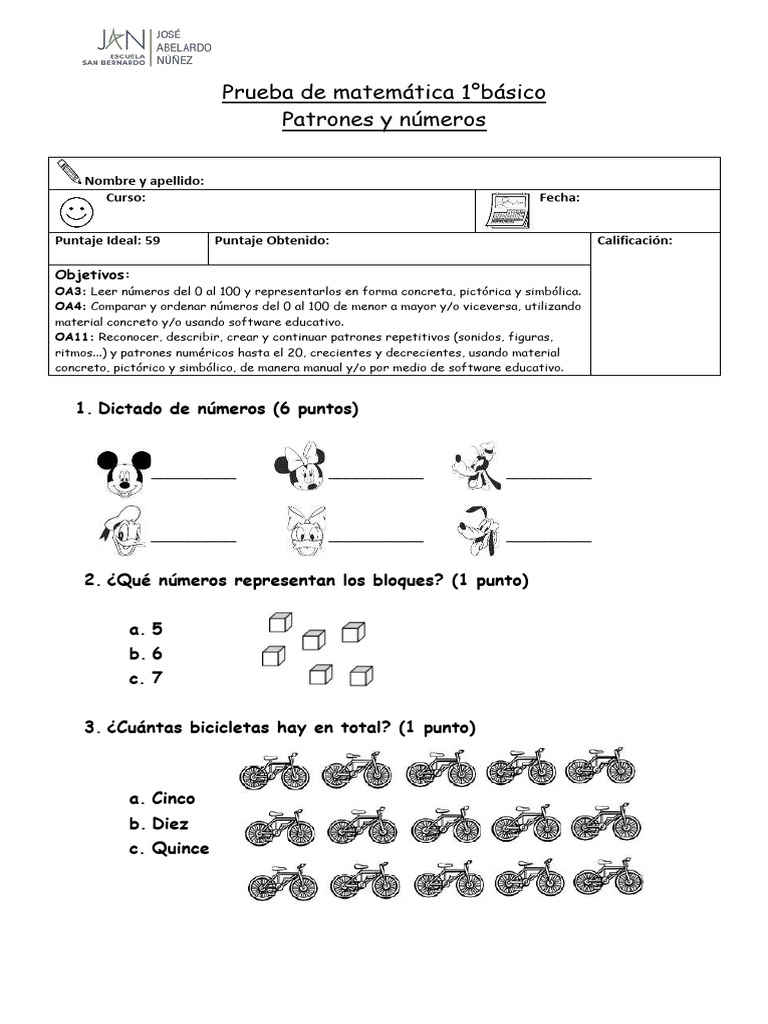 Prueba de Matemáticas 1° Básico: Números y Patrones | PDF