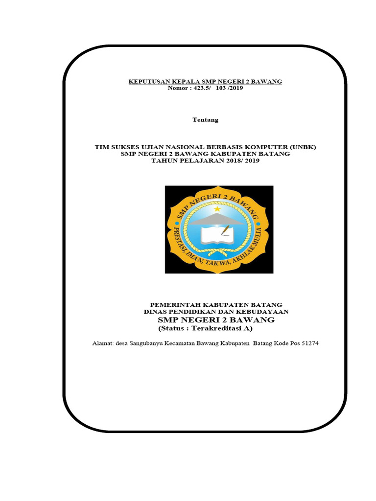 Tim Sukses UNBK SMP Negeri 2 Bawang 2019 | PDF