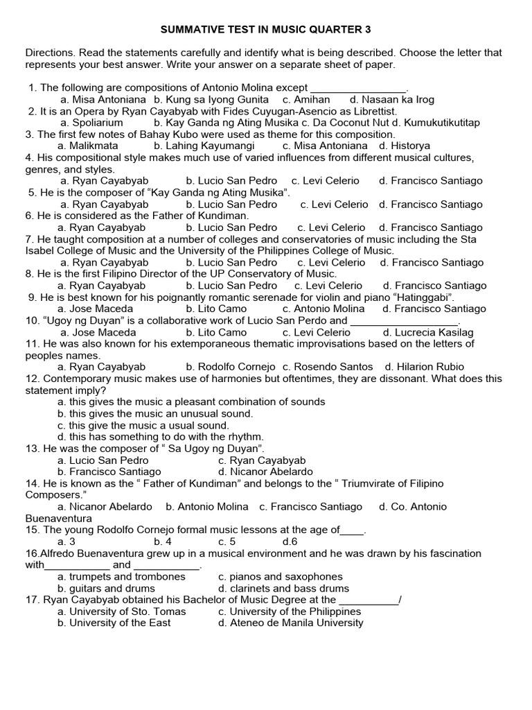 Summative Test in Music Quarter 3 | PDF