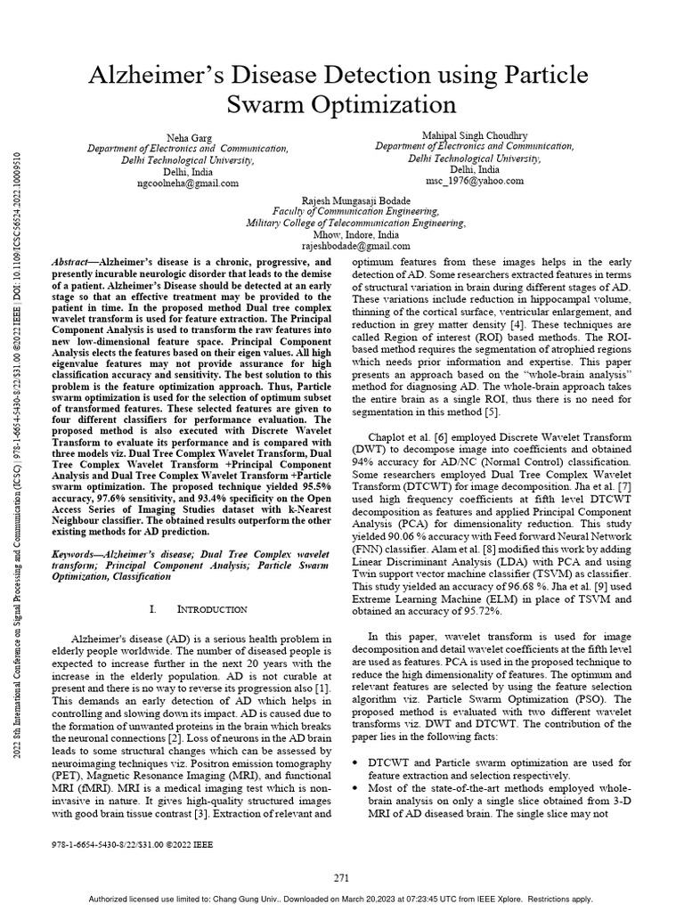 Alzheimers Disease Detection Using Particle Swarm Optimization Pdf