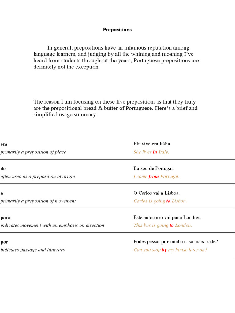 Prepositions in Portuguese | PDF