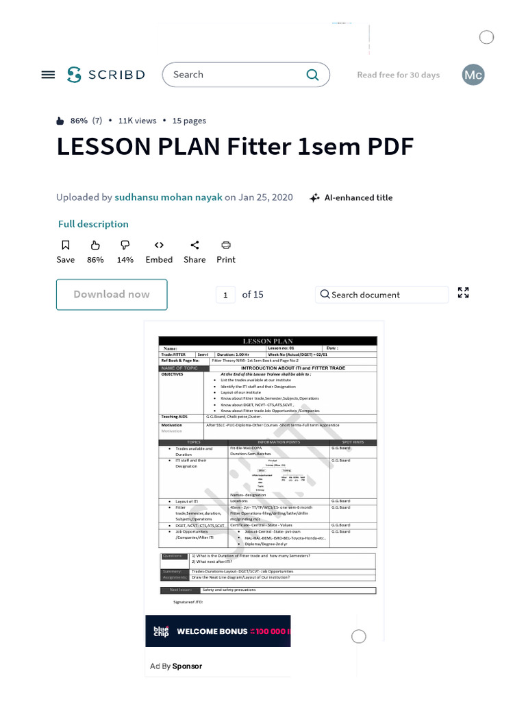 LESSON PLAN Fitter 1sem PDF - PDF - First Aid - Ductility | PDF