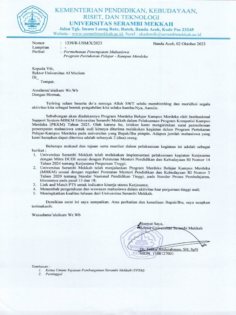 Surat Permohonan Mahasiswa Program Pertukaran Pelajar - Univ AL Muslem ...