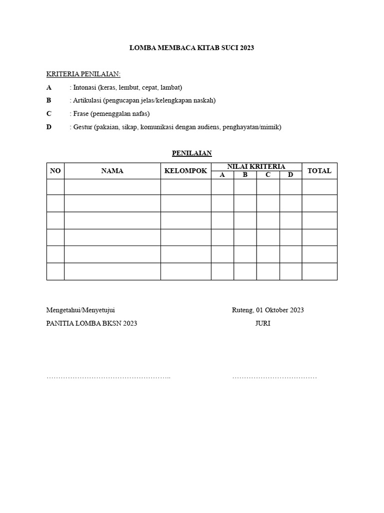 Format Penilaian Lomba Membaca Kitab Suci 2023 | PDF Format Penilaian Lomba Membaca Kitab Suci 2023 | PDF