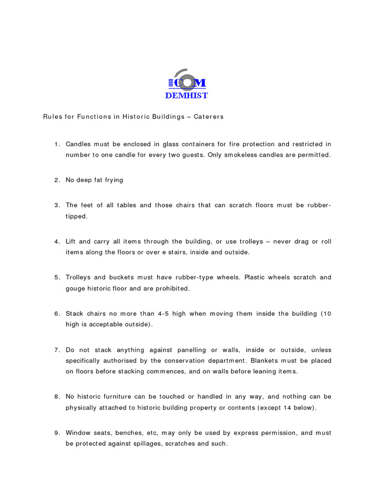 Rules For Functions in Historic Buildings - Caterers (DEMHIST, 2007) | PDF