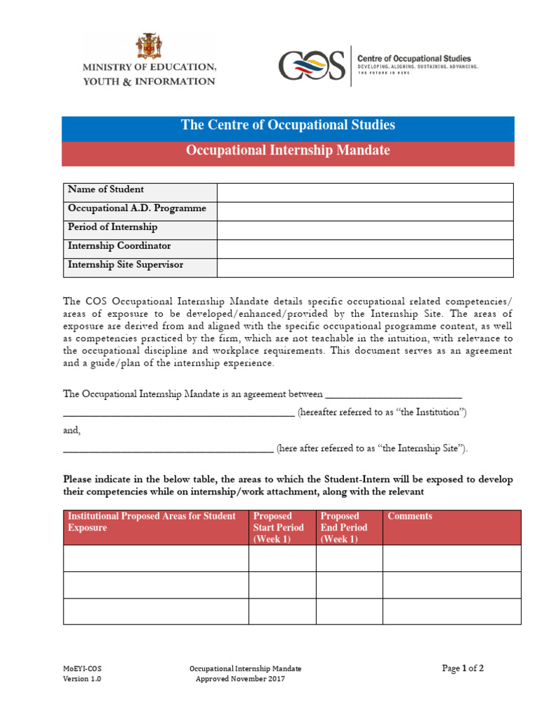 COS Occupational Internship Mandate Form | PDF