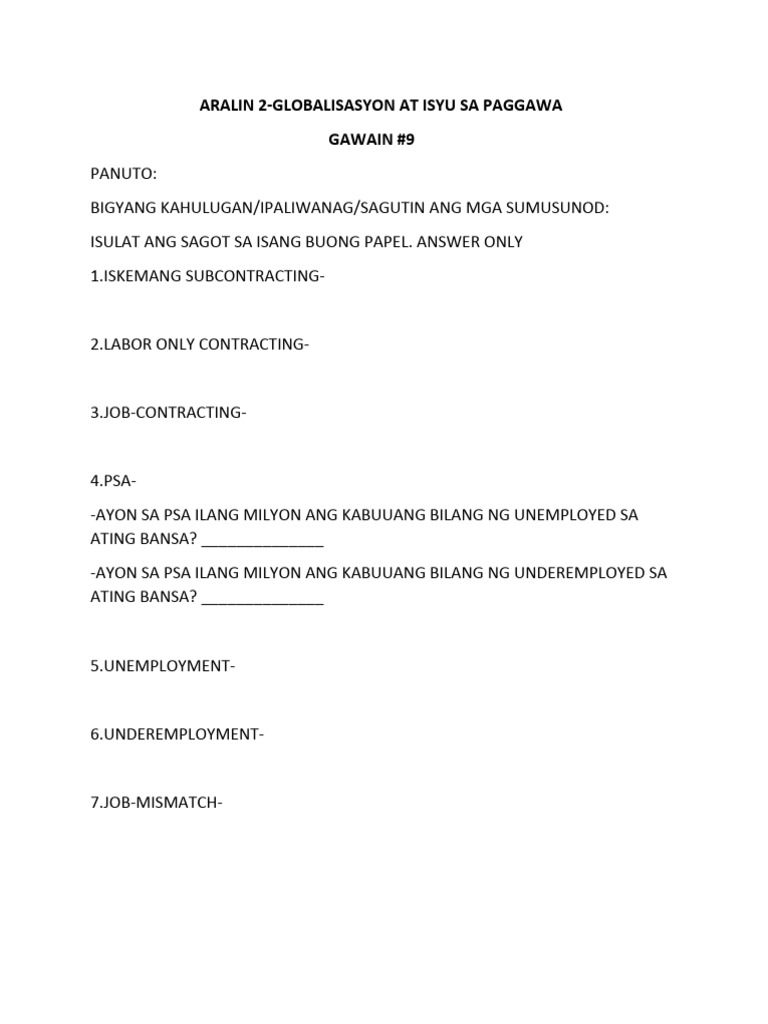 Gawain 9 Aralin 2 Globalisasyon at Isyu Sa Paggawa | PDF Gawain 9 Aralin 2 Globalisasyon at Isyu Sa Paggawa | PDF