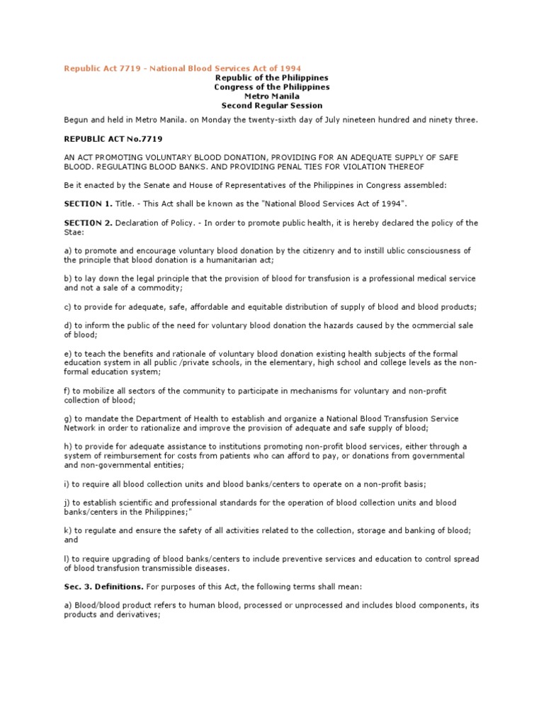 Republic Act 7719 | PDF | Blood Donation | Blood Transfusion